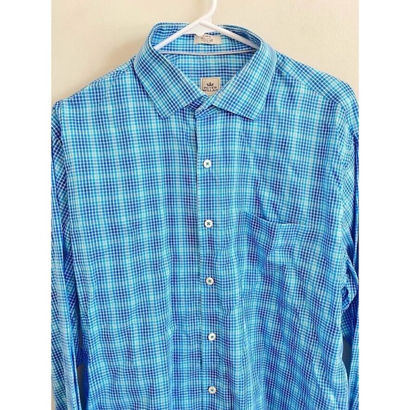 Peter Millar | Shirts | Peter Millar Mens Large Light Dark Blue Plaid Ls Button Up Dress Shirt ...